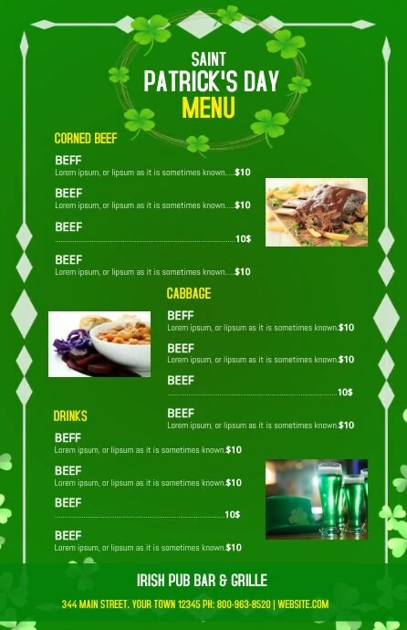 ST. PATRICK'S DAY MENU Template | PosterMyWall
