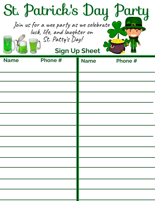 St. Patrick's Day Party sign up sheet event p Template | PosterMyWall
