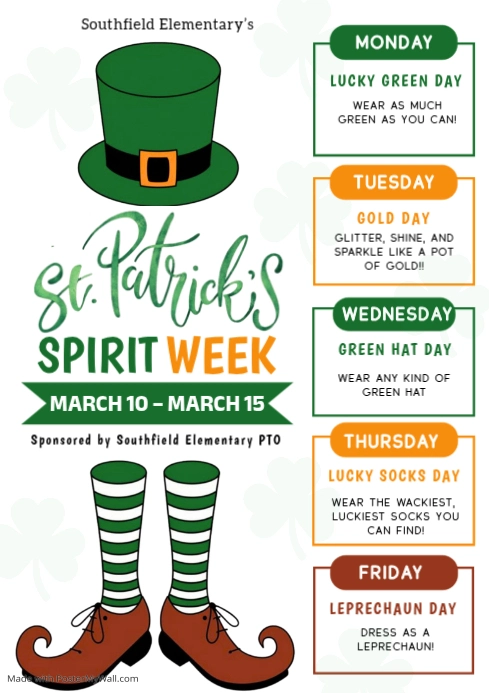 St. Patrick's Day School Spirit Week Flyer Template | PosterMyWall