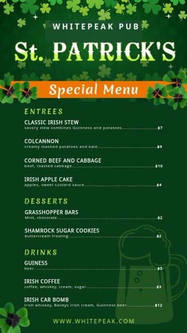 St. Patrick's Day Special Menu Template | PosterMyWall