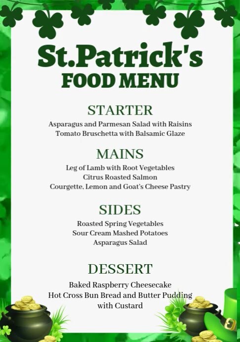 St. Patricks Food Menu Template | PosterMyWall