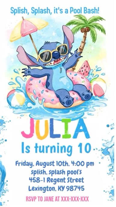 Stitch's pool party bash digital invitation Template | PosterMyWall