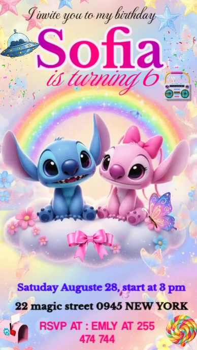 Stitch and Angel Birthday Invitation video Template | PosterMyWall