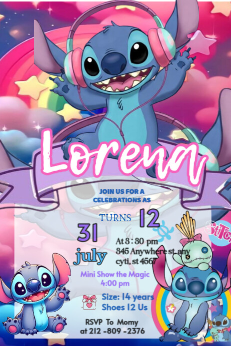 Copia de Stitch invitation happy Brithday party temple flayer editablet ...