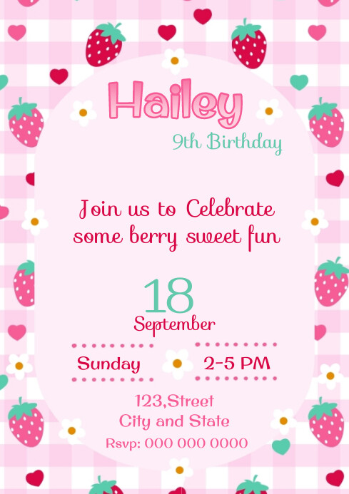 Copy of Strawberry template Invite Birthday | PosterMyWall