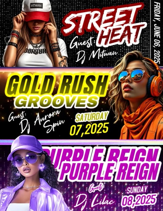 Street Heat, Gold Rush Grooves, and Purple Reign: Dance All Weekend Template | PosterMyWall