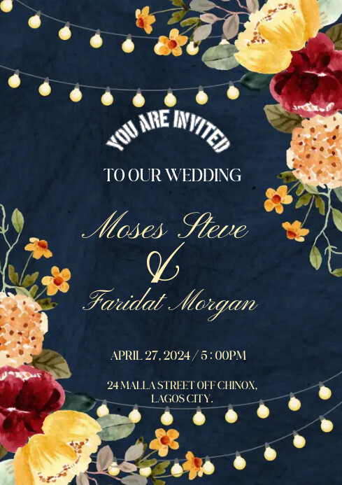 StringLights & Watercolor Floral Wedding Card Template | PosterMyWall