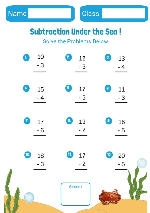 Copy of Subraction Under the Sea - Mahts Worksheets | PosterMyWall