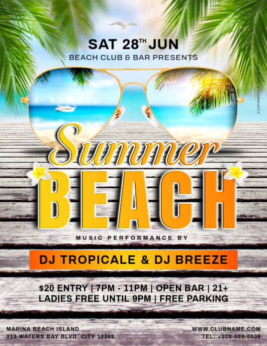 Summer Beach Club Party Event Ad Sunglasses Palm Tree Leaves Flyer ...