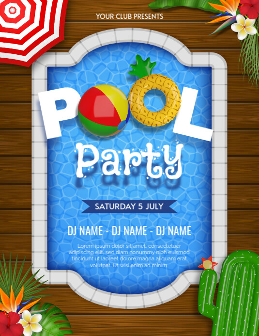 Plantilla de summer pool party flyer with swimming pool, tropical ...