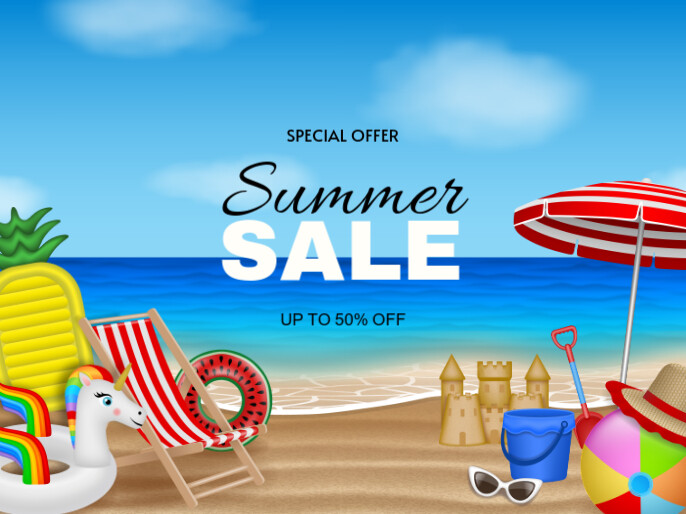 summer sale poster with inflatables on beach background Template ...