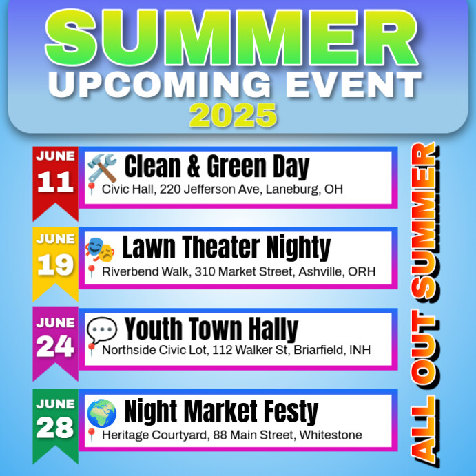Summer Upcoming Events Calendar Template | PosterMyWall