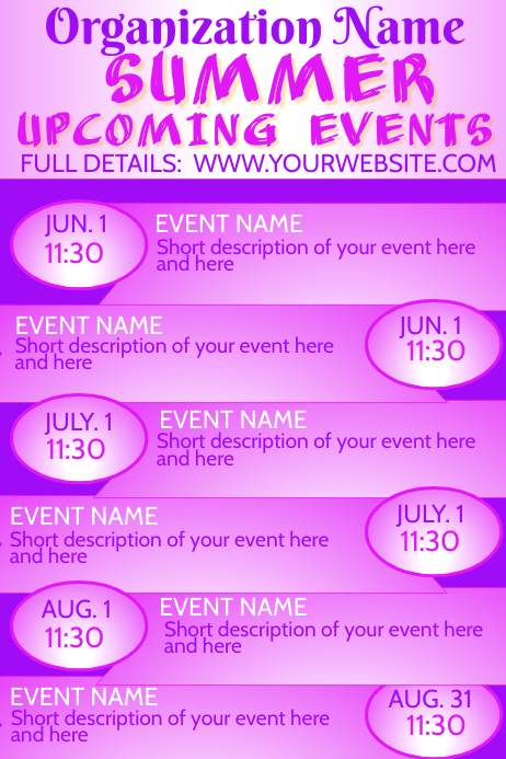 Summer Upcoming Events Calendar Template | PosterMyWall