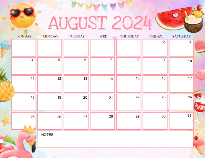 sun August 2024 Calendar Template | PosterMyWall