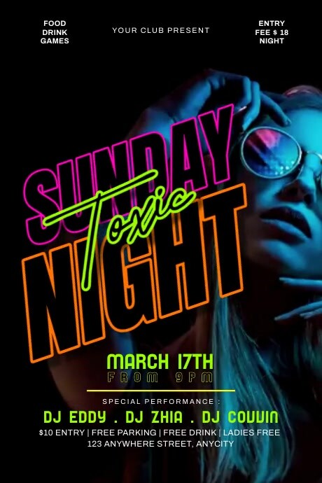 Plantilla de Sunday Toxic Night Party | PosterMyWall