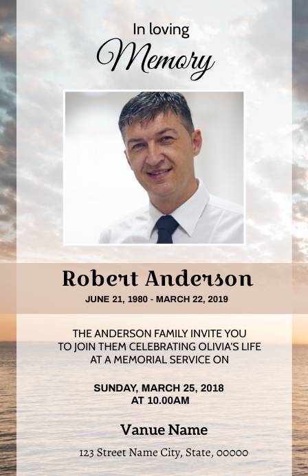 Sunset Funeral Announcement Card Template | PosterMyWall