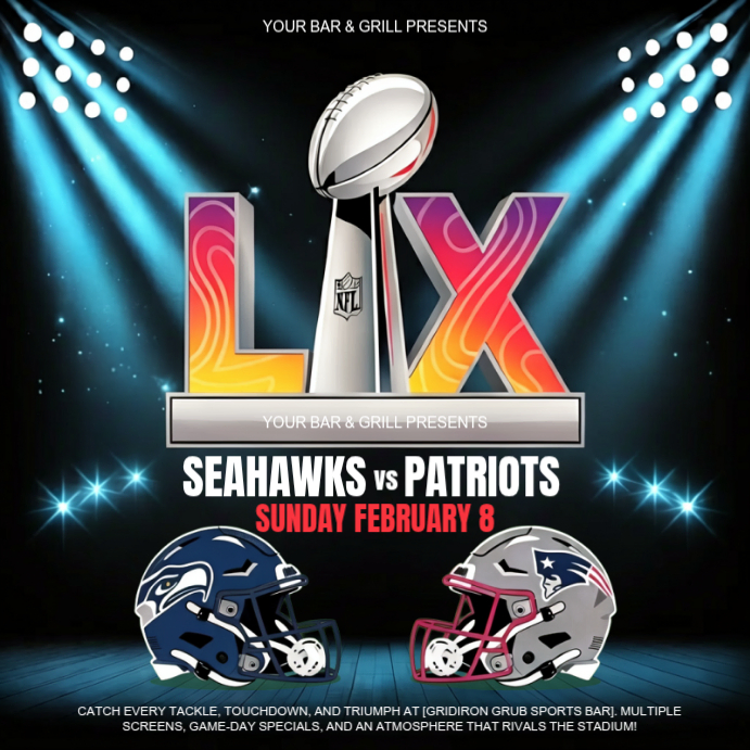 super bowl 2026 flyer. seahawks vs patriots. Template | PosterMyWall