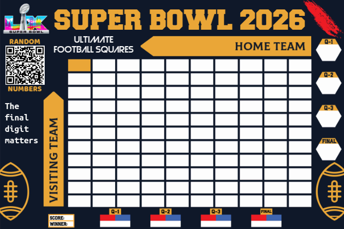 Super Football Bowl Squares Football Pool Grid 2026 Template | PosterMyWall