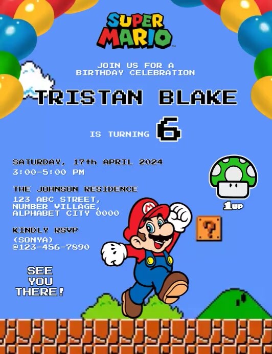 Super Mario Birthday Invitation Flyer Template | PosterMyWall