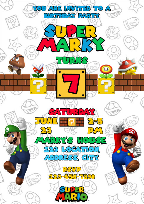 Super Mario Card Birthday Invitation Templat | PosterMyWall