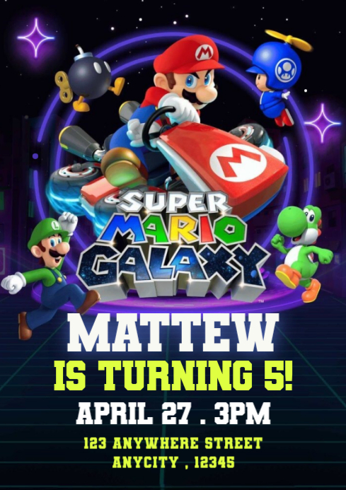 Super-Mario-Galaxy-Birthday-Party-flyer Template | PosterMyWall