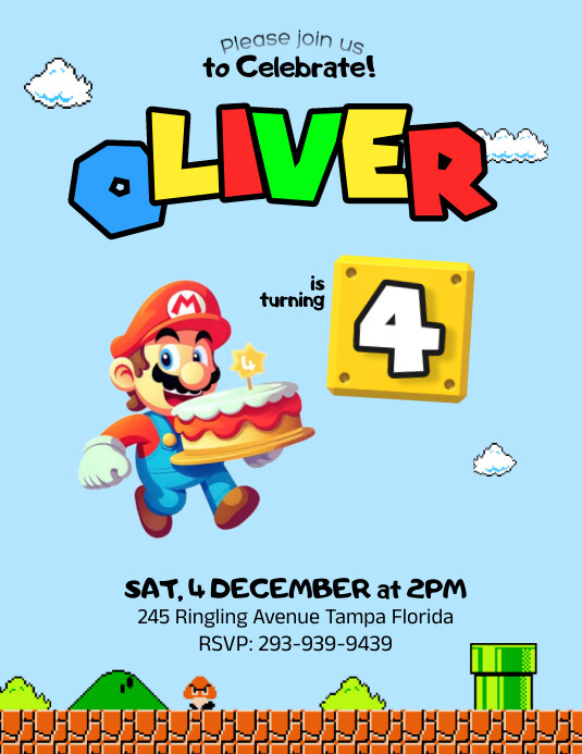 Super Mario Kids Birthday invitation Flyer Template | PosterMyWall