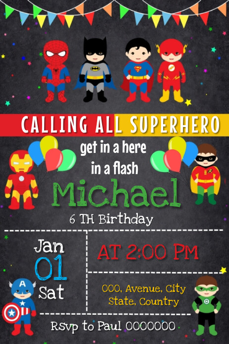 Superheroes Cute invitation Birthday Template | PosterMyWall