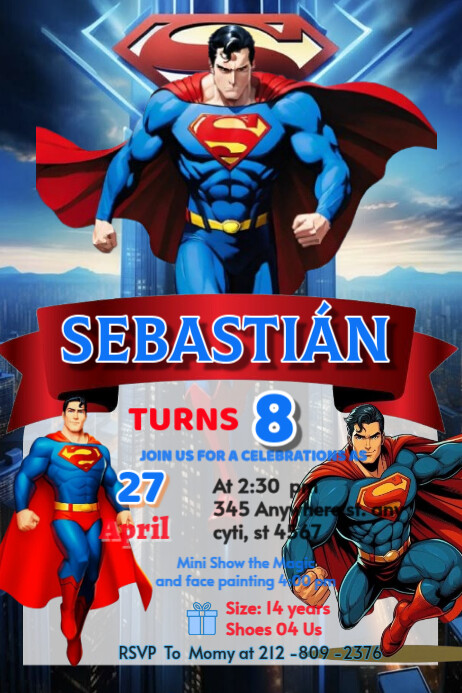Superman invitation happy Brithday party temple boy celebration kids ...