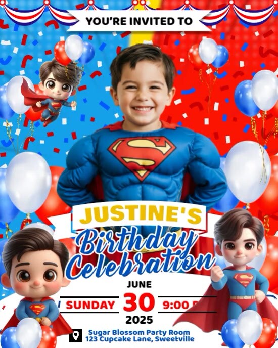 Plantilla de superman theme birthday invitation party for kids ...