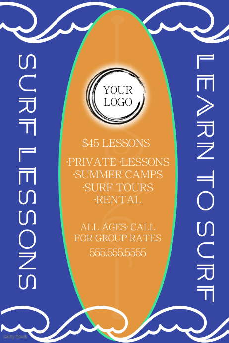 Surfing Lessons Surfboard Flyer Poster Ad Template | PosterMyWall