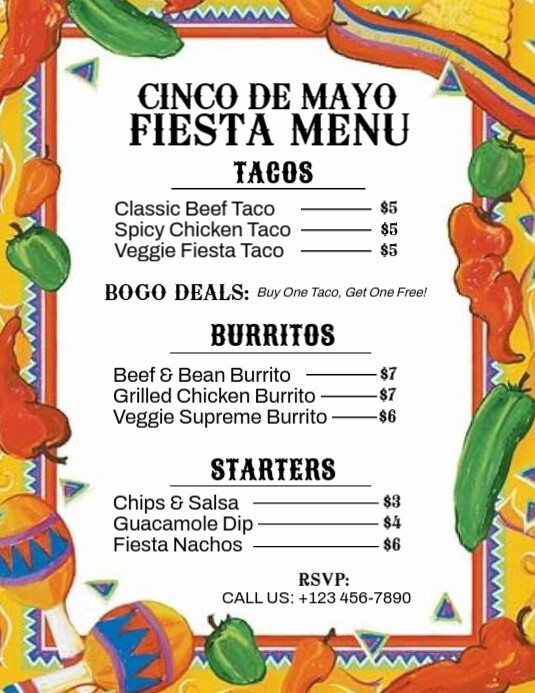 Copy of Tacos, Burritos & BOGO Fiesta: Cinco de Mayo Menu! | PosterMyWall