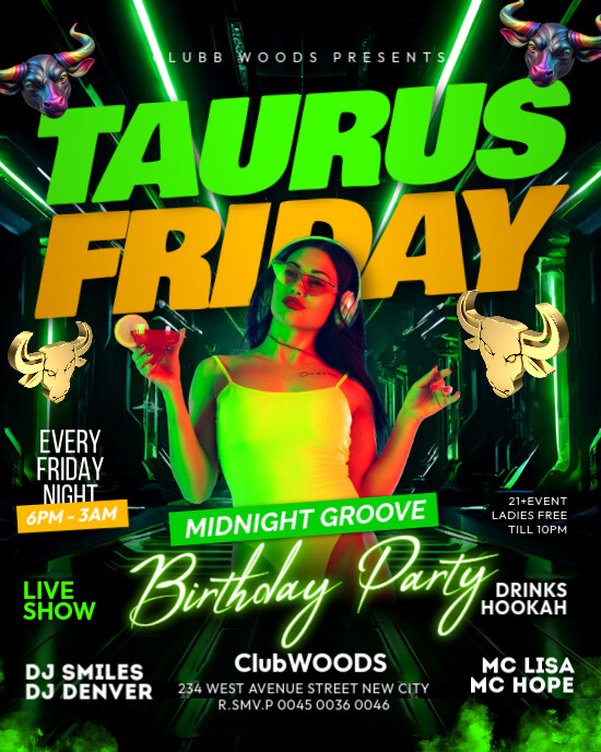 Modèle Taurus zodiac sign birthday party invitation night club flyer ...
