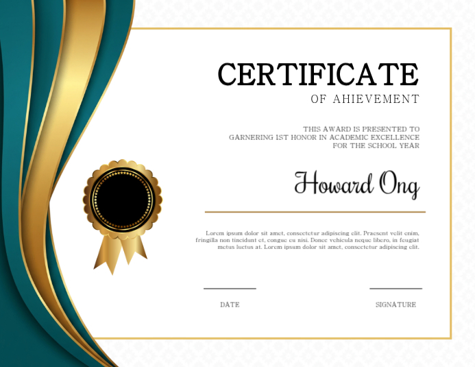 Teal & Gold Professional Certificate Of Achievement. Flyer (us Letter ...