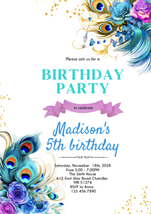 Teal and Purple Peacock theme invite Template | PosterMyWall