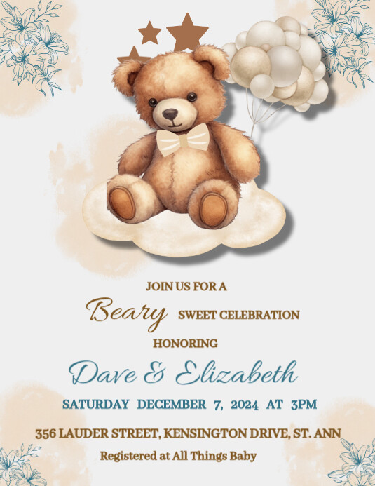 Teddy baby shower flyer Template | PosterMyWall