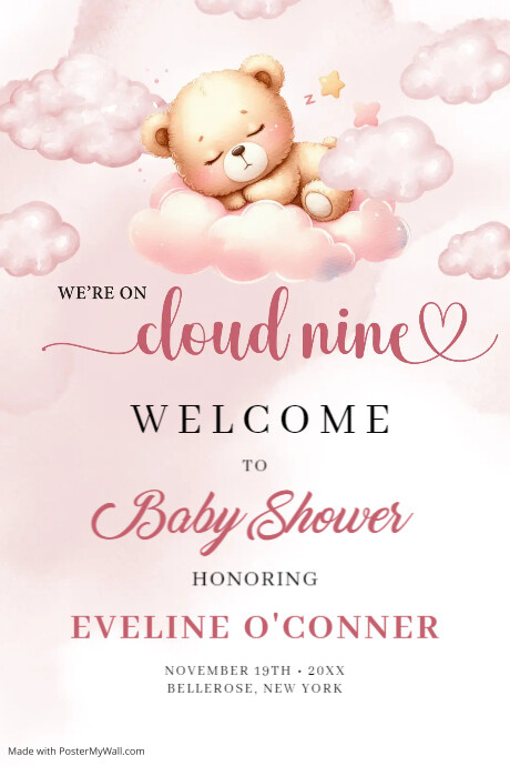 Teddy Bear girl Baby Shower welcome poster 16 Template | PosterMyWall