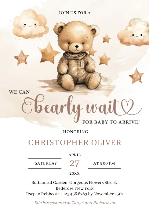 Plantilla de Teddy Bear neutral Boy Baby Shower 61-4 | PosterMyWall