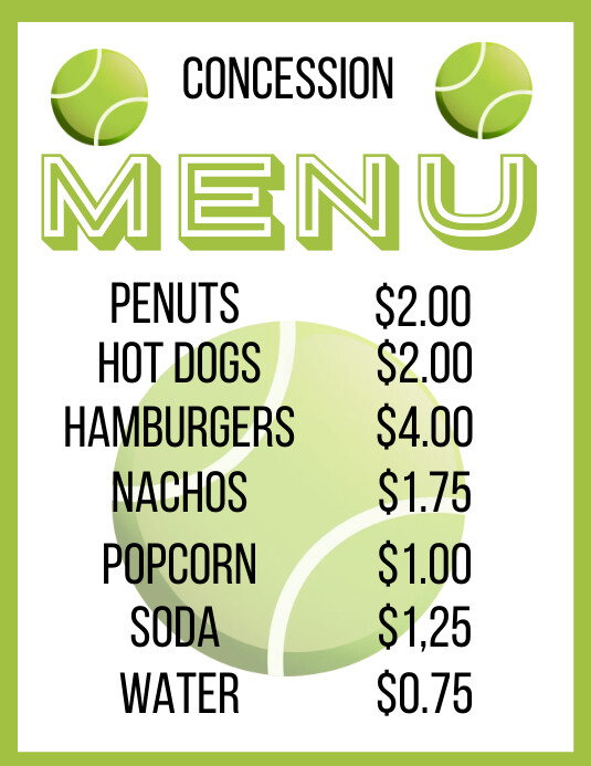 Tennis Concession Menu printable Template | PosterMyWall
