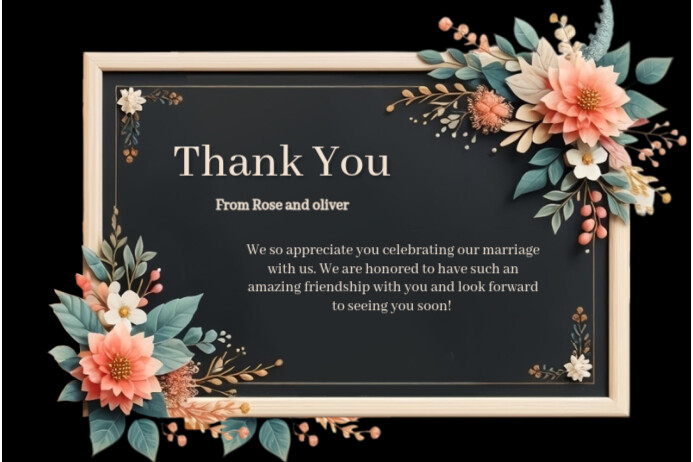 Thank you card black background wood frame floral Template | PosterMyWall