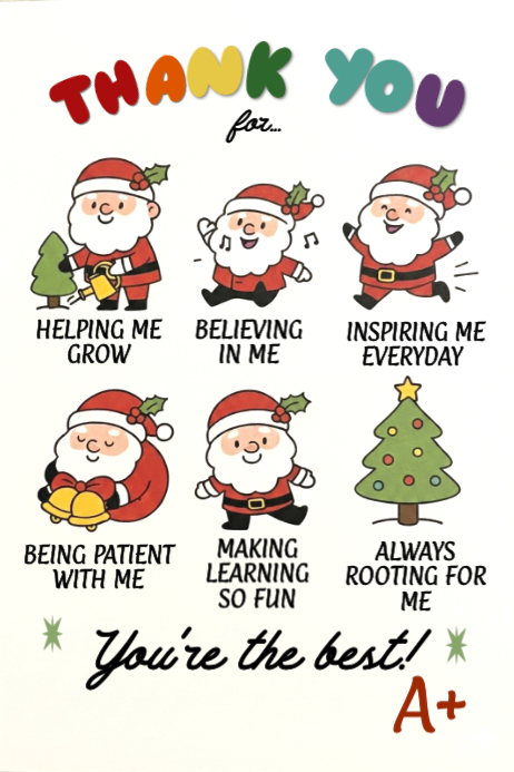 Thank You Teacher Christmas Poster | Cute Santa Holiday Appreciation ...