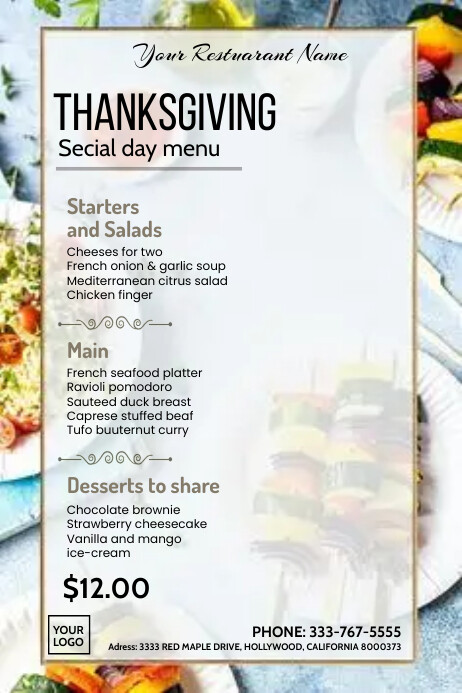 Thanks giving menu card 2023 Template | PosterMyWall