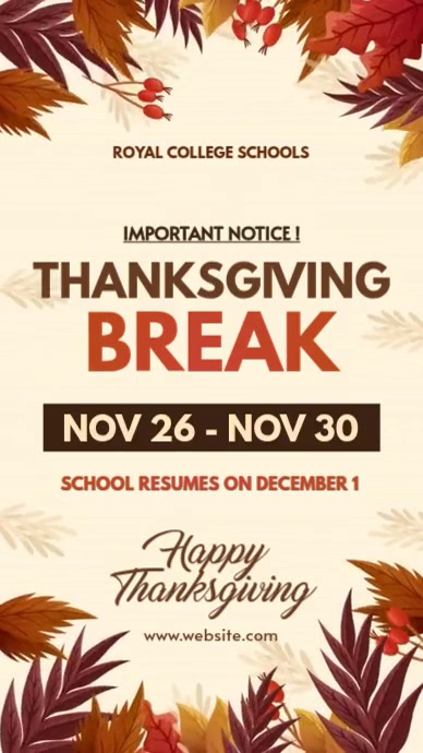Thanksgiving Break School Announcement Flyer Template | PosterMyWall