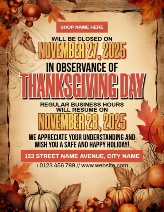 Thanksgiving Day Close Notice Template | PosterMyWall