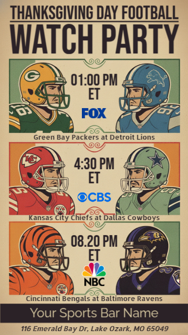Thanksgiving Day football watch party Template | PosterMyWall
