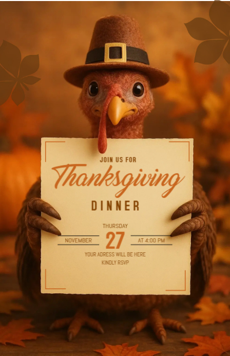 Thanksgiving Dinner Invitation Celebration Sweet Turkey Template Modelo ...