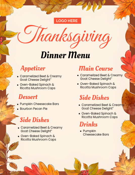 Plantilla de Thanksgiving Dinner Menu Flyer | PosterMyWall