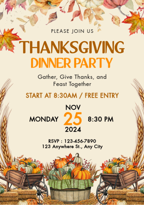Thanksgiving Dinner Party A4 Template | PosterMyWall