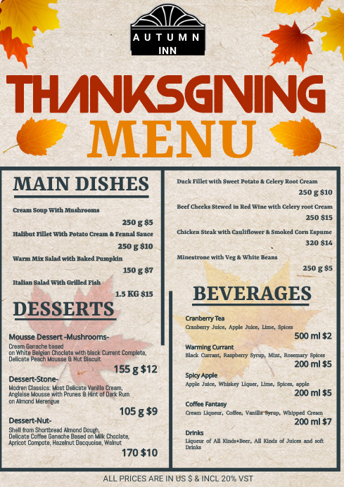 Thanksgiving Menu Card Flyer Template | PosterMyWall