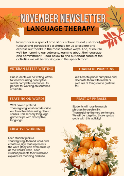 Copy of Thanksgiving Newsletter for Speech Therapy | PosterMyWall