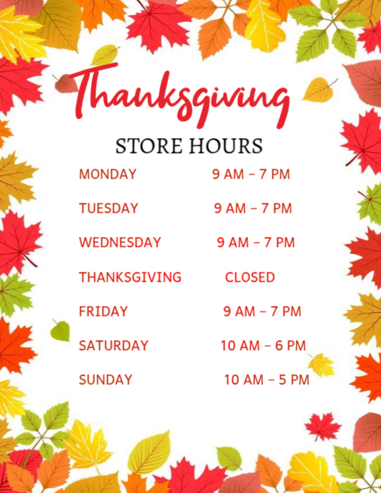 Thanksgiving Opening Hours Flyer Template | PosterMyWall